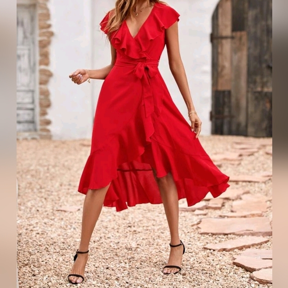 Dresses | New Chic Flowy Ruffle Wrap Tie Midi Dress Red | Poshmark